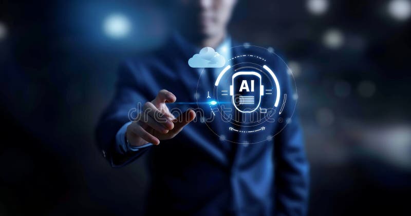 A Businessman Interacts with a Virtual AI Chatbot Icon on a Digital ...