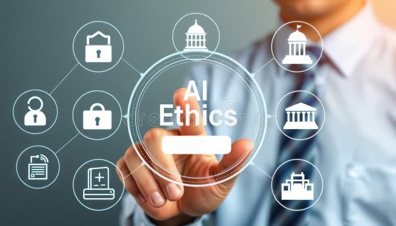 Businessman Interacts with Virtual AI Ethics Interface. Touches AI ...