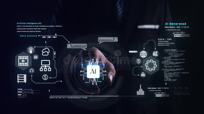 Businessman Interacts with Virtual AI Interface, Futuristic HUD with ...