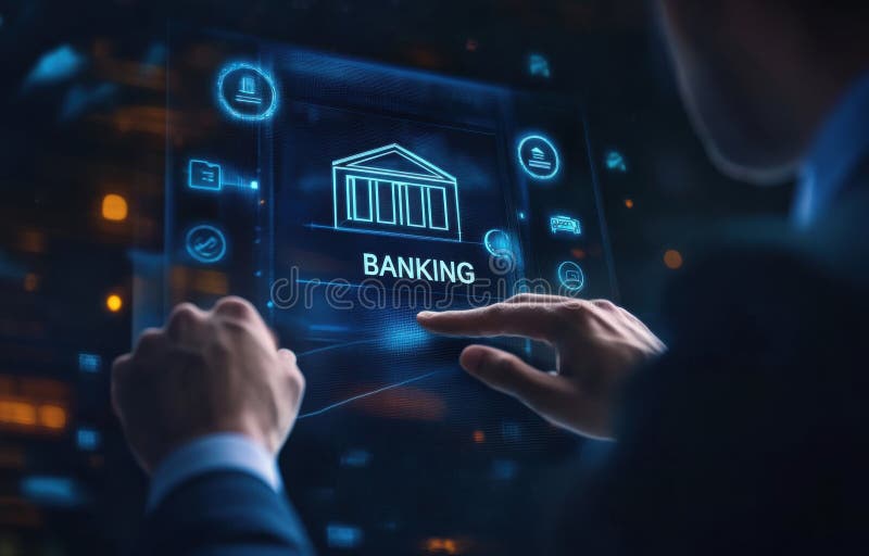 Businessman Interacts with a Virtual Banking Interface Using Touch ...