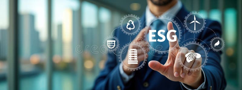 Businessman Interacts with Virtual ESG Concept Interface. Eco Friendly ...
