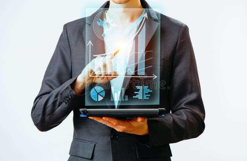 Businessman Interacts with Virtual Screen, Analyze Data. Innovation ...