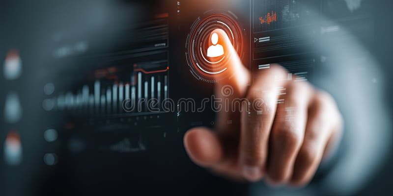 Businessman Interacts with Virtual Screen, Selecting Glowing User ...