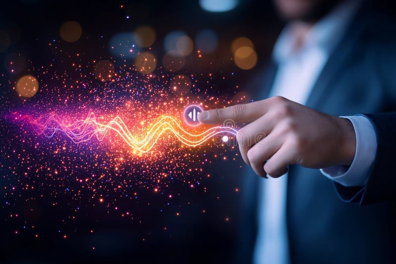 Businessman Interacts with Virtual Sound Wave Showcasing Technology and ...
