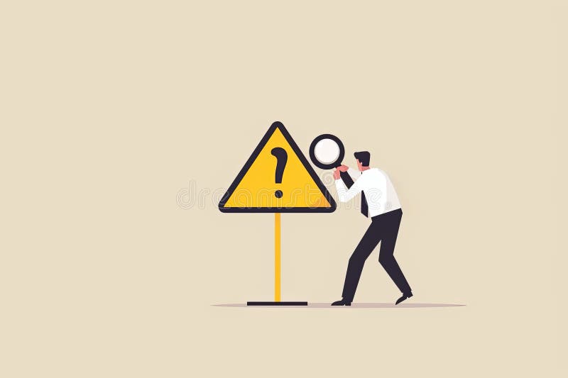A Businessman is Investigating a Yellow Question Mark Sign, Using a ...