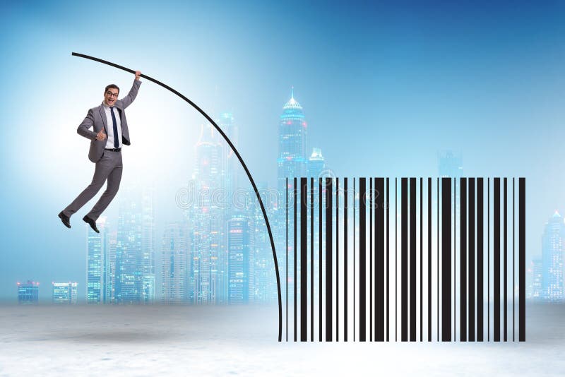 Businessman Jumping Over Bar Code in Pole Vaulting Stock Photo - Image ...