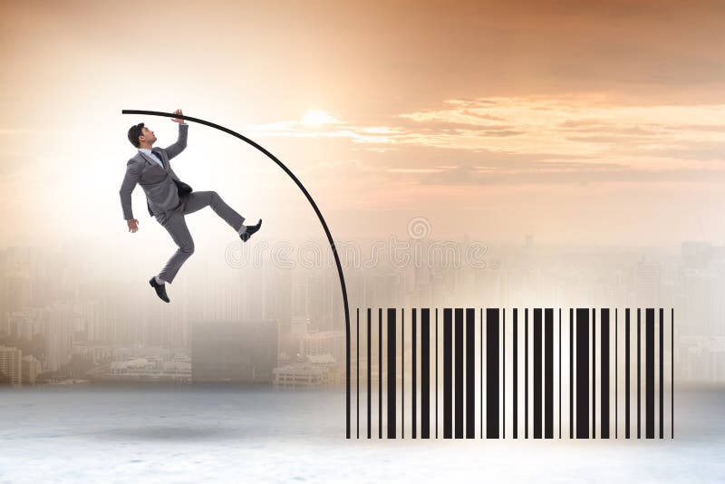 Businessman Jumping Over Bar Code in Pole Vaulting Stock Photo - Image ...