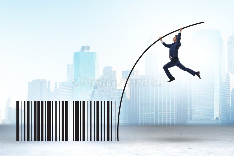 Businessman Jumping Over Bar Code in Pole Vaulting Stock Image - Image ...