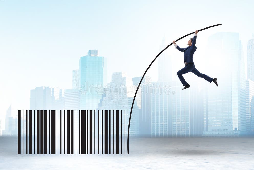 Businessman Jumping Over Bar Code in Pole Vaulting Stock Image - Image ...