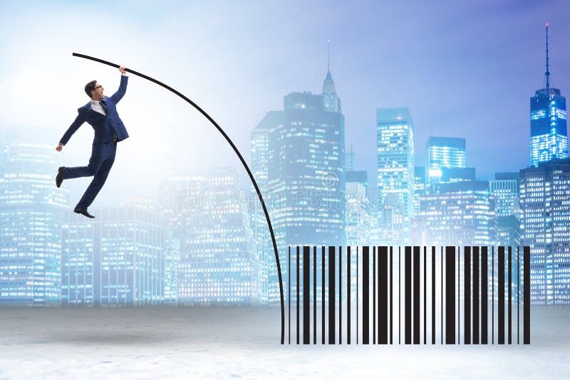 Businessman Jumping Over Bar Code in Pole Vaulting Stock Photo - Image ...