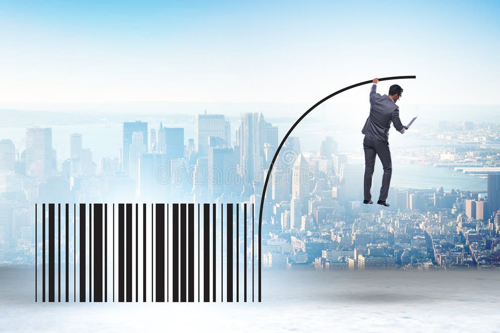Businessman Jumping Over Bar Code in Pole Vaulting Stock Photo - Image ...