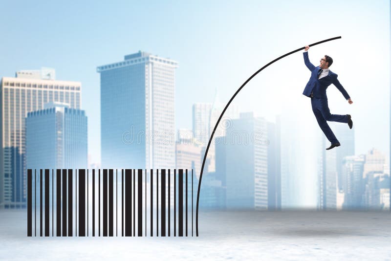 Businessman Jumping Over Bar Code in Pole Vaulting Stock Photo - Image ...