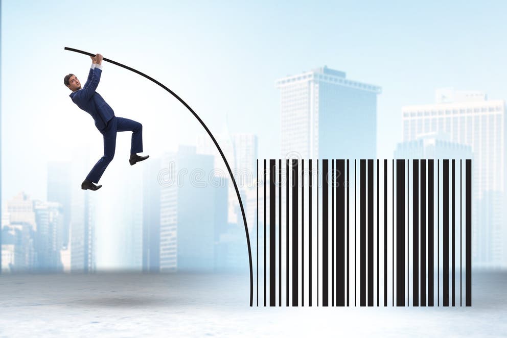 Businessman Jumping Over Bar Code in Pole Vaulting Stock Image - Image ...