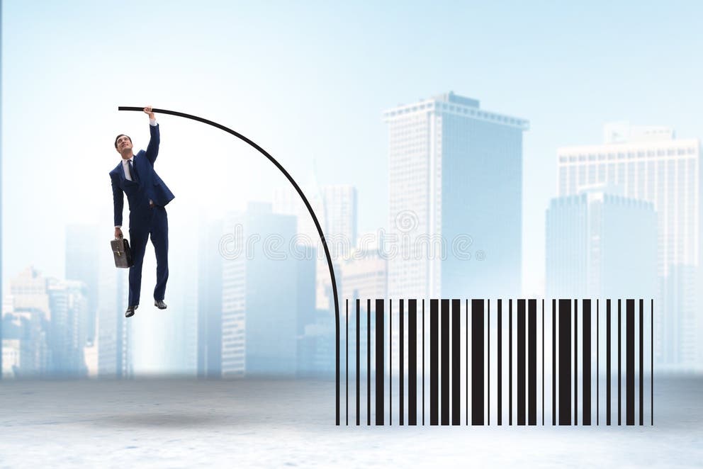 Businessman Jumping Over Bar Code in Pole Vaulting Stock Image - Image ...