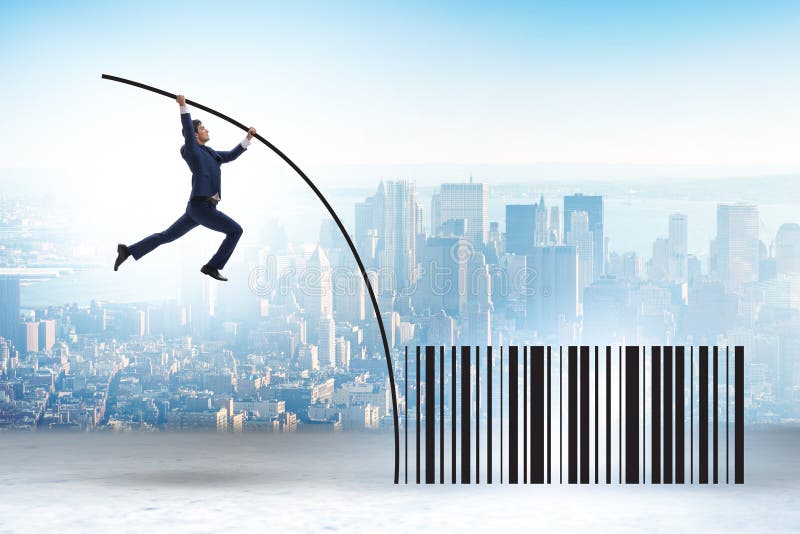 Businessman Jumping Over Bar Code in Pole Vaulting Stock Image - Image ...