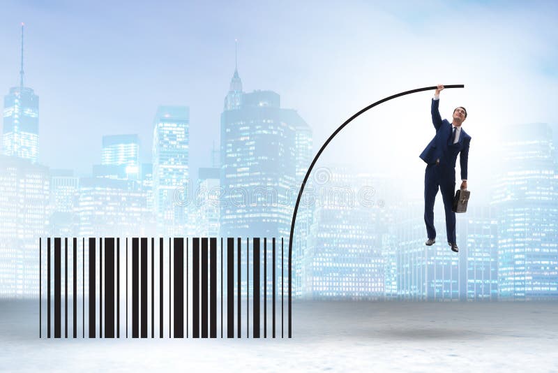 Businessman Jumping Over Bar Code in Pole Vaulting Stock Photo - Image ...