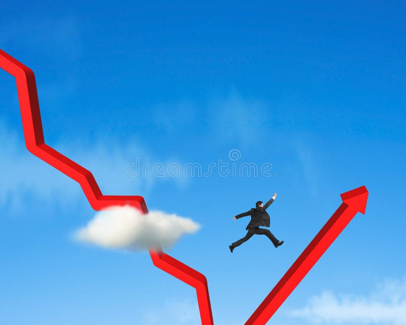 Businessman Jumping Over Gowing Down Red Arrow Stock Image - Image of ...