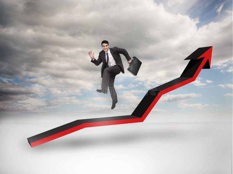 Businessman Jumping Over a Red Arrow Pointing Up Stock Image - Image of ...