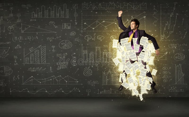 Businessman Jumping with Paper Document Cloud Stock Photo - Image of ...