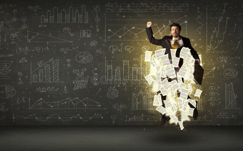 Businessman Jumping with Paper Document Cloud Stock Photo - Image of ...