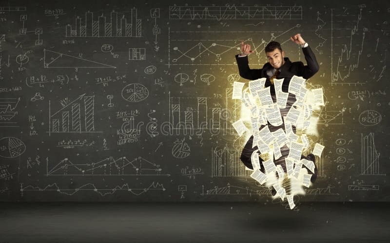 Businessman Jumping with Paper Document Cloud Stock Photo - Image of ...