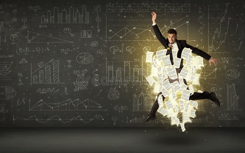 Businessman Jumping with Paper Document Cloud Stock Photo - Image of ...