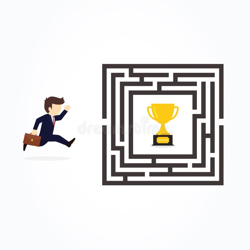 Businessman Run To Labyrinth Search for Trophy. Vector Illustration ...