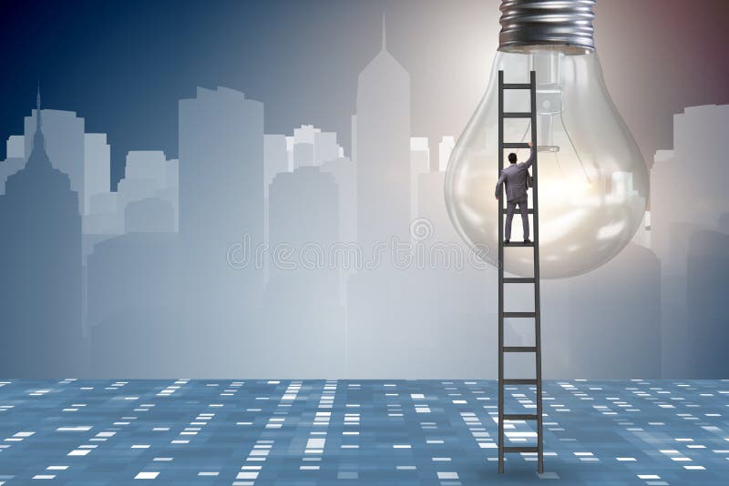 The Businessman on Ladder with Light Bulb Stock Photo - Image of ...