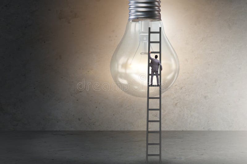 The Businessman on Ladder with Light Bulb Stock Image - Image of ...
