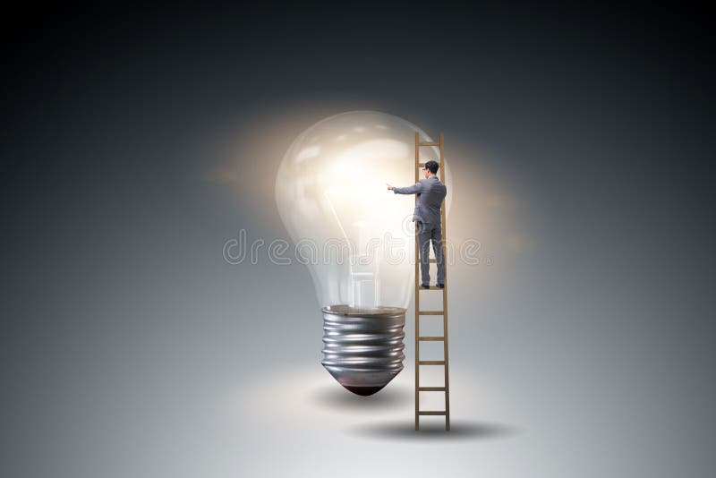 The Businessman on Ladder with Light Bulb Stock Image - Image of bulb ...