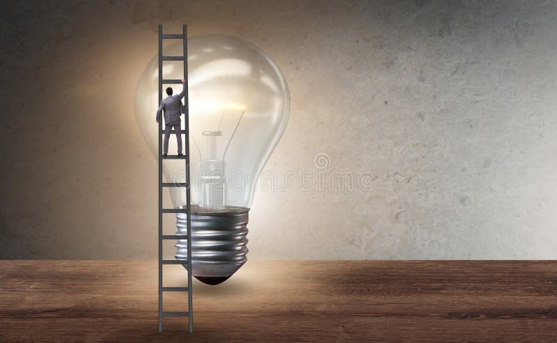 The Businessman on Ladder with Light Bulb Stock Image - Image of growth ...