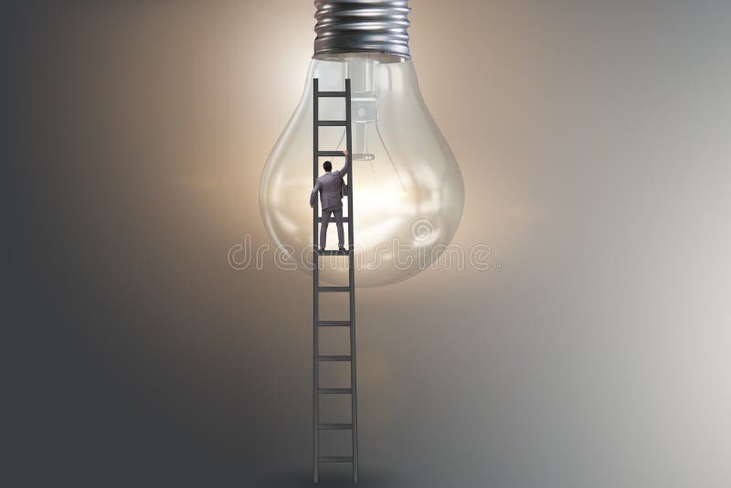 The Businessman on Ladder with Light Bulb Stock Image - Image of energy ...