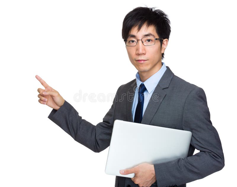 Businessman with Laptop Computer and Finger Point Out Stock Image ...