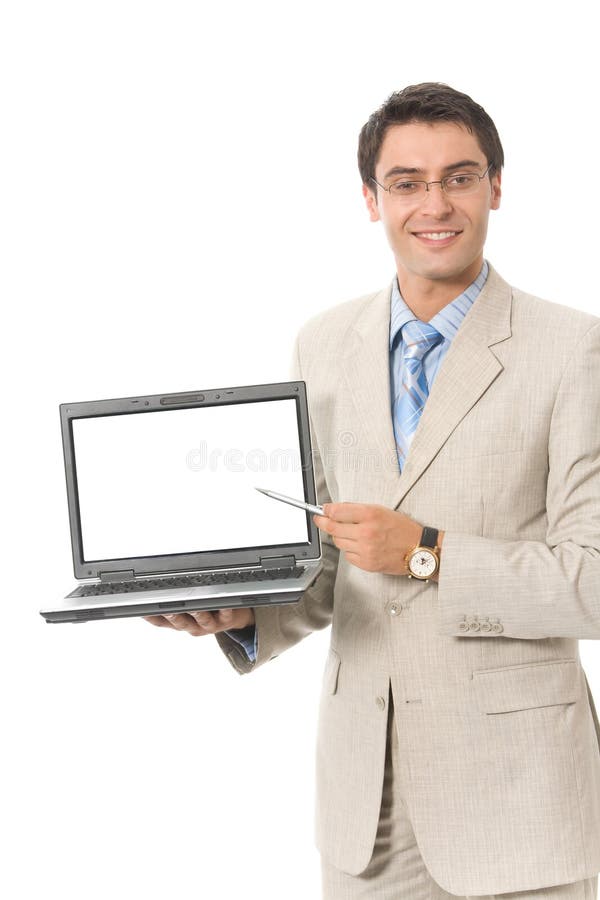 Businessman with Laptop, Isolated Stock Photo - Image of blank, copy ...