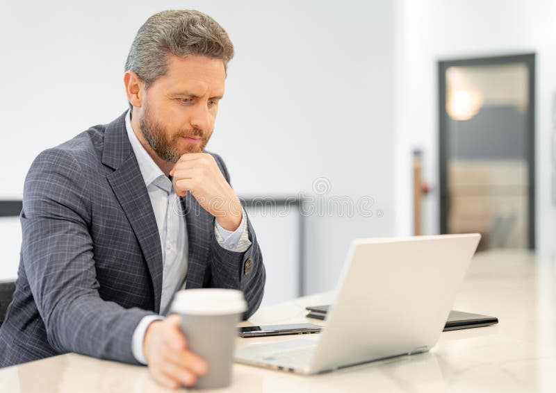 Businessman with Laptop at Office. Businessman in Suit in Office Work ...