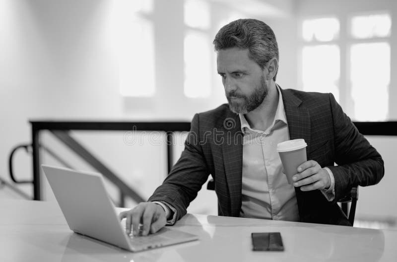 Businessman with Laptop at Office. Businessman in Suit in Office Work ...