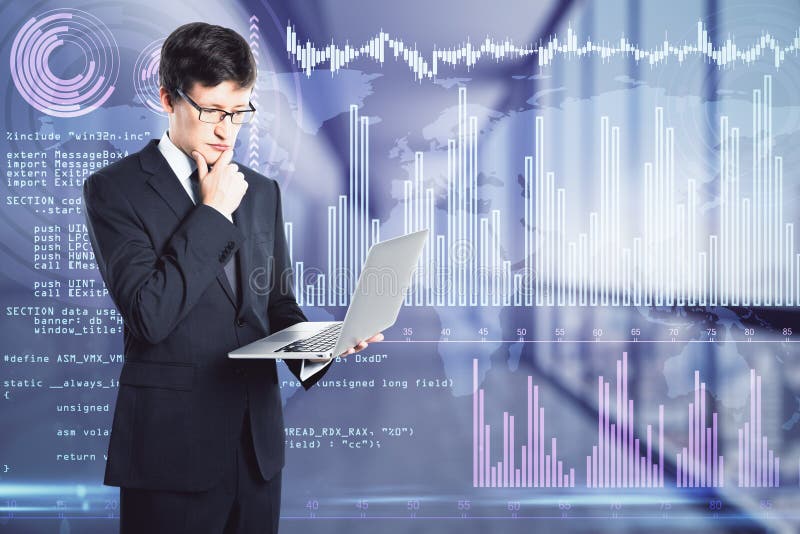 Businessman with Laptop Thinking about Stats Data. Stock Image - Image ...