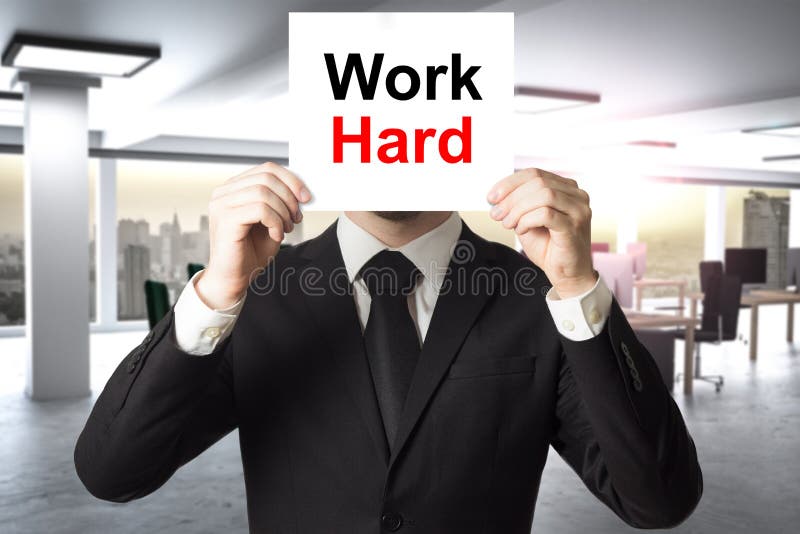 Businessman in Large Office Hiding Face Behind Sign Work Hard Stock ...