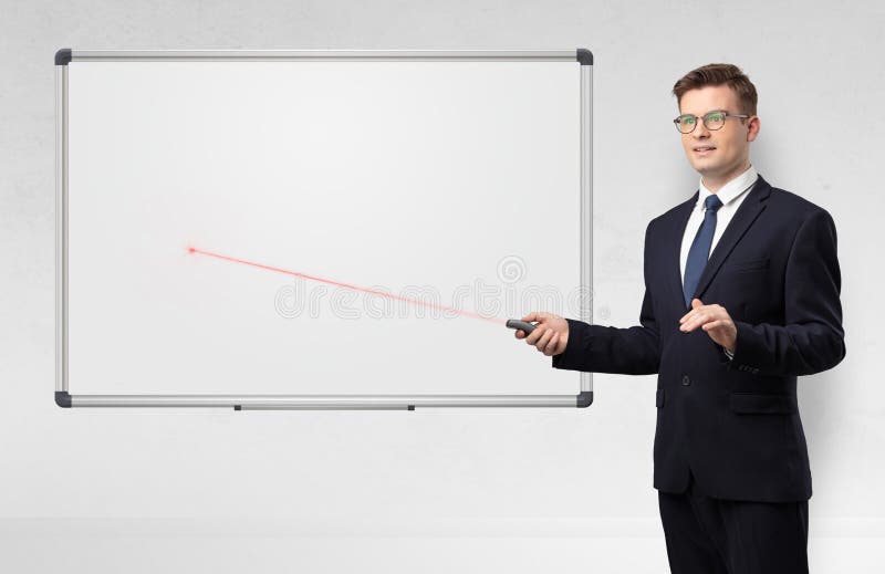 Businessman with Laser Pointer and Copyspace White Blackboard Stock ...