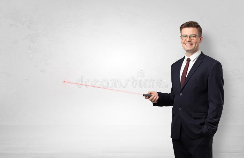 Businessman with Laser Pointer and Copyspace White Wall Stock Image ...