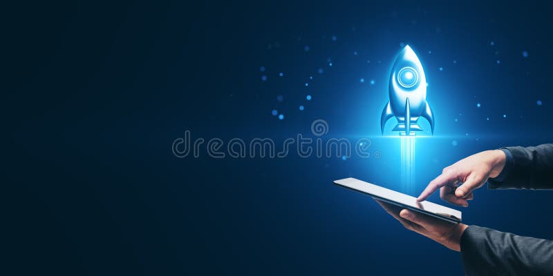 Businessman Launching Digital Rocket from Tablet, Symbolizing Startup ...
