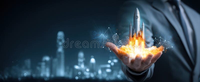 The Businessman Launching a Rocket of Innovation and Technological ...