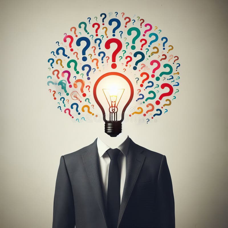 Businessman with Light Bulb Head and Question Marks Stock Illustration ...