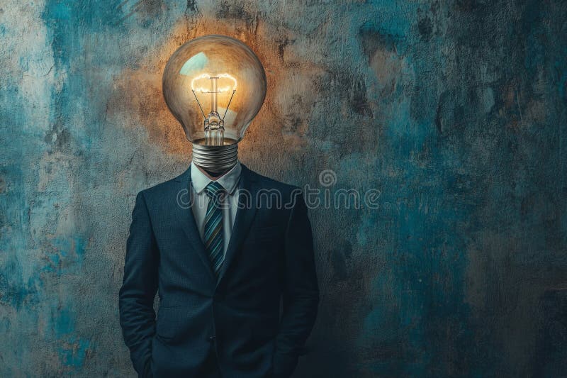 Businessman with Light Bulb Head Standing Near Blue Wall, Concept of ...