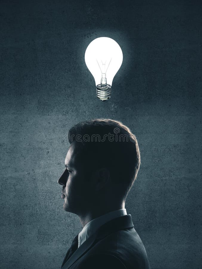 Businessman with Lightbulb in Head Stock Photo - Image of concrete ...