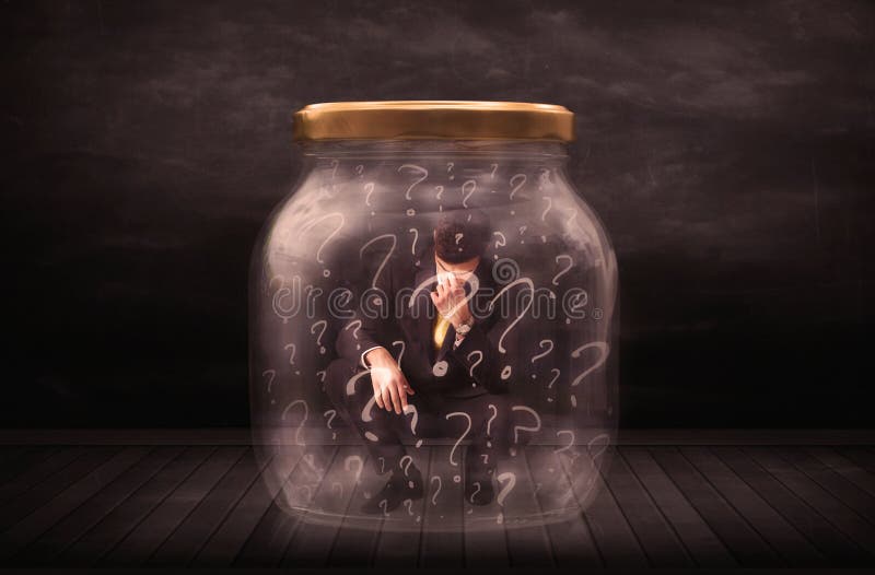 Businessman Locked into a Jar with Question Marks Concept Stock Photo ...