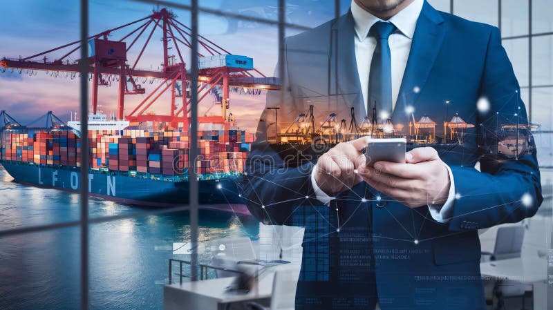 Businessman and Logistics Network Double Exposure Stock Illustration ...