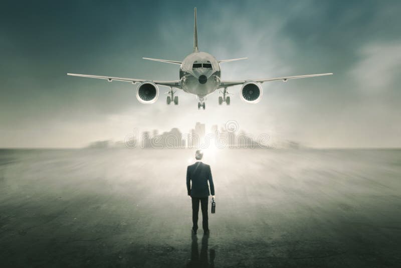 Businessman Looking on an Airplane Flying in Sky Stock Image - Image of ...