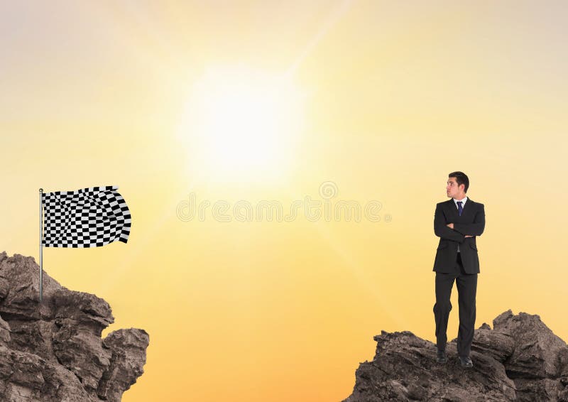 Businessman Looking at Checkered Flag while Standing on Rocks Against ...