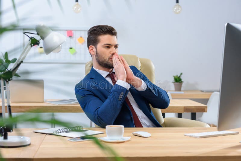 Businessman Looking at Computer and Showing Stock Photo - Image of ...